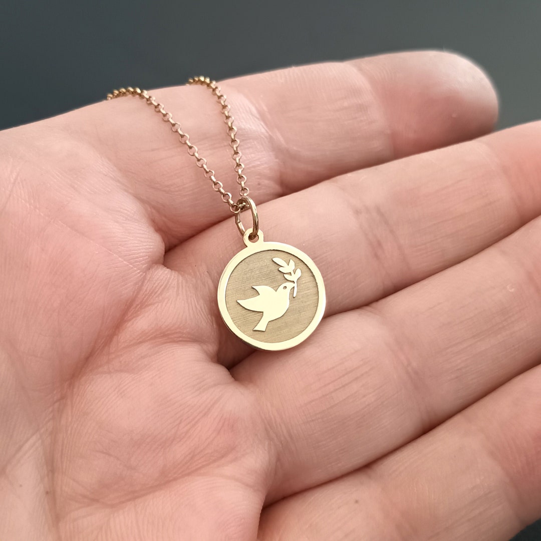 14k Solid Gold Dove Necklace Personalized Peace Charm Dainty ...