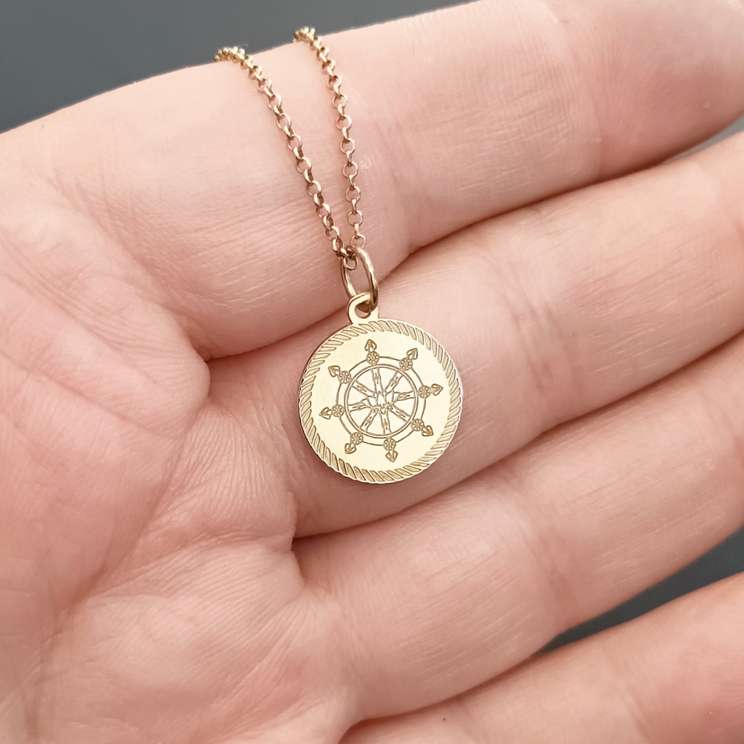 Dainty 14k Solid Gold Dharma Wheel Necklace, Personalized Dharma Wheel ...