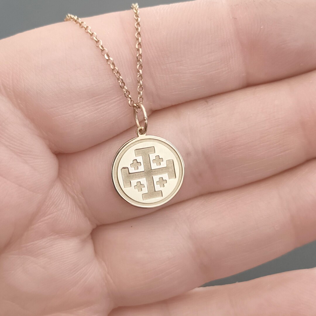 Dainty 14k Solid Gold Jerusalem Cross Necklace, Personalized Cross Coin ...