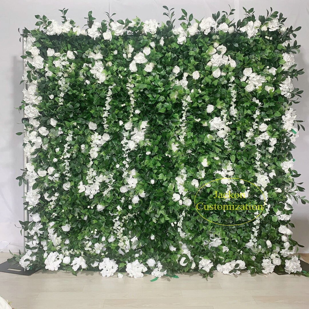 White Rose Hydrangea Roll up Flower Wall, Fake Green Leaves Wall for ...