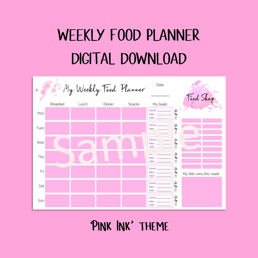 DIGITAL DOWNLOAD Weekly Food Planner Pink Ink Design Monday to Sunday ...