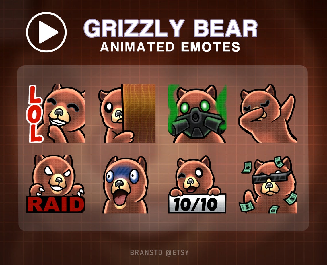 8x ANIMATED Grizzly Bear Emotes - Bear Twitch Emotes - Twitch Emotes - Etsy