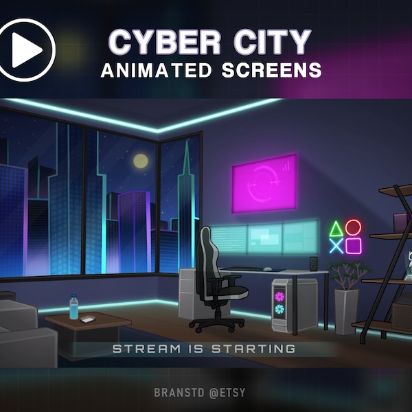 4x ANIMATED Stream Screens Cyber City Night City Neon City Apartment ...