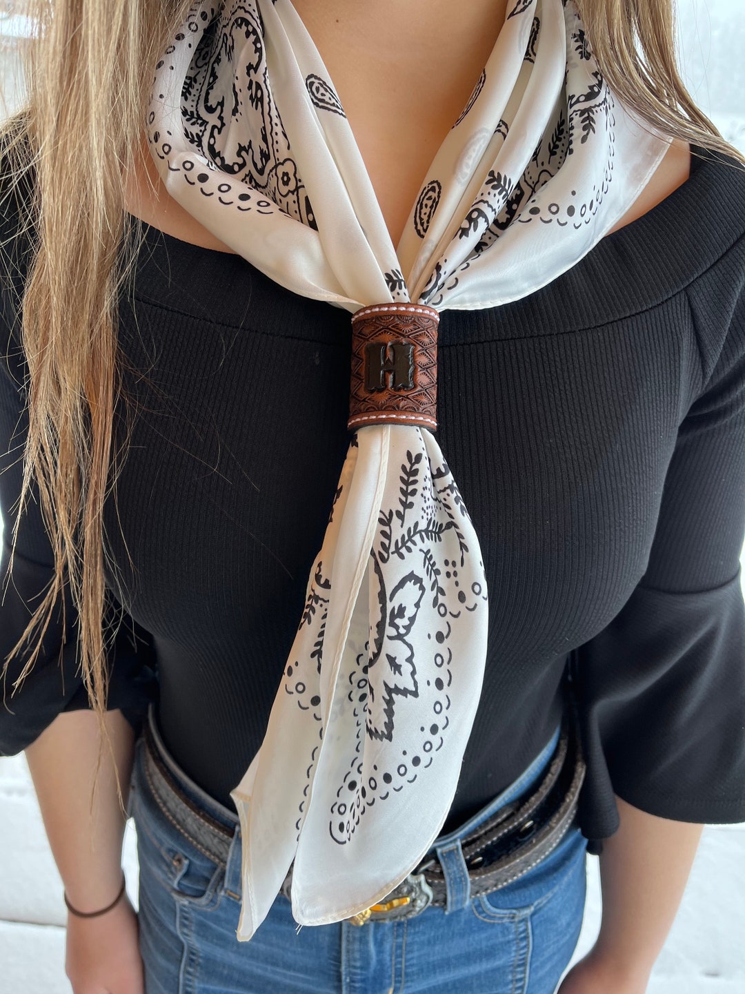 Leather Bandana Slide With Scarf / Western Style Silk Scarf With Custom ...