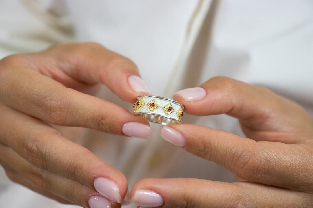 Red Sapphire Eternity Band Ring, Silver and Gold Byzantine Band Ring ...