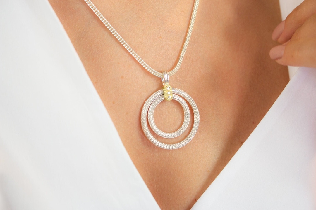 Double Circle Necklace, Diamond Round Necklace, Interlocking Circle ...