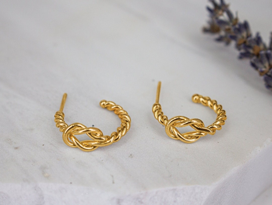 18K Gold Hercules Knot Hoops, Tiny Gold Knot Hoops, 925 Sterling Silver ...