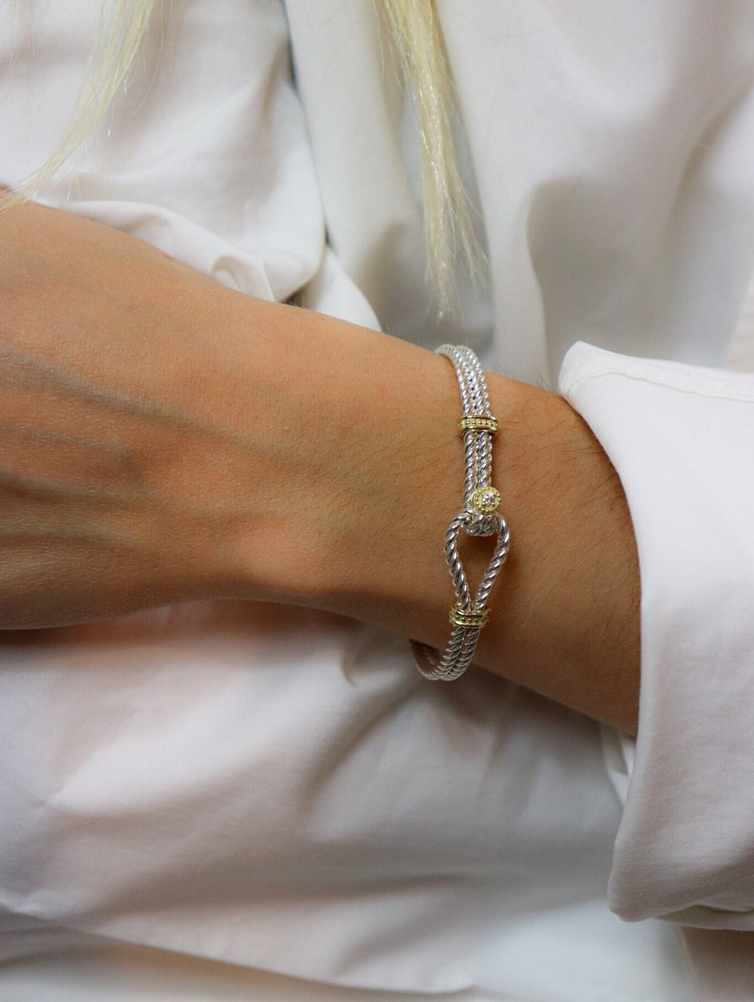 Hook Diamond Bracelet 18k Gold and Silver Cable Cuff - Etsy UK