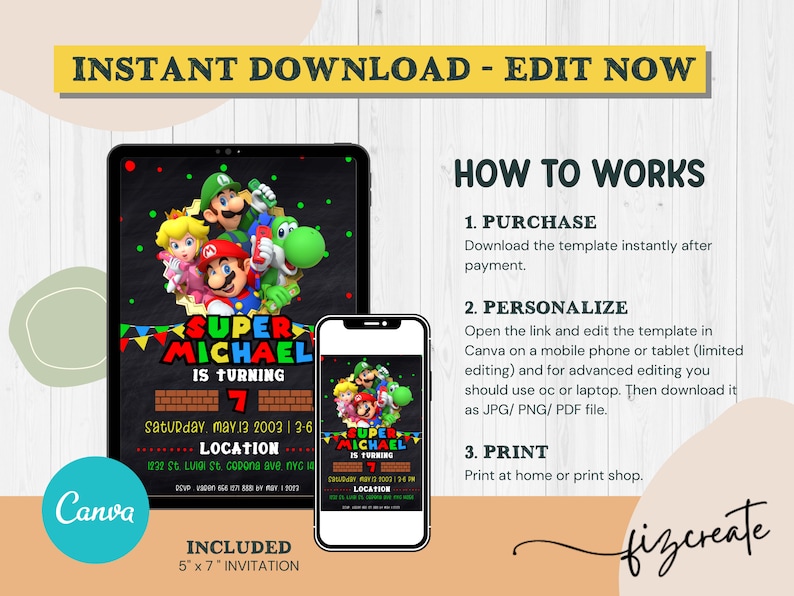 Super Mario Bros Birthday Party Invitation Template Download - Etsy