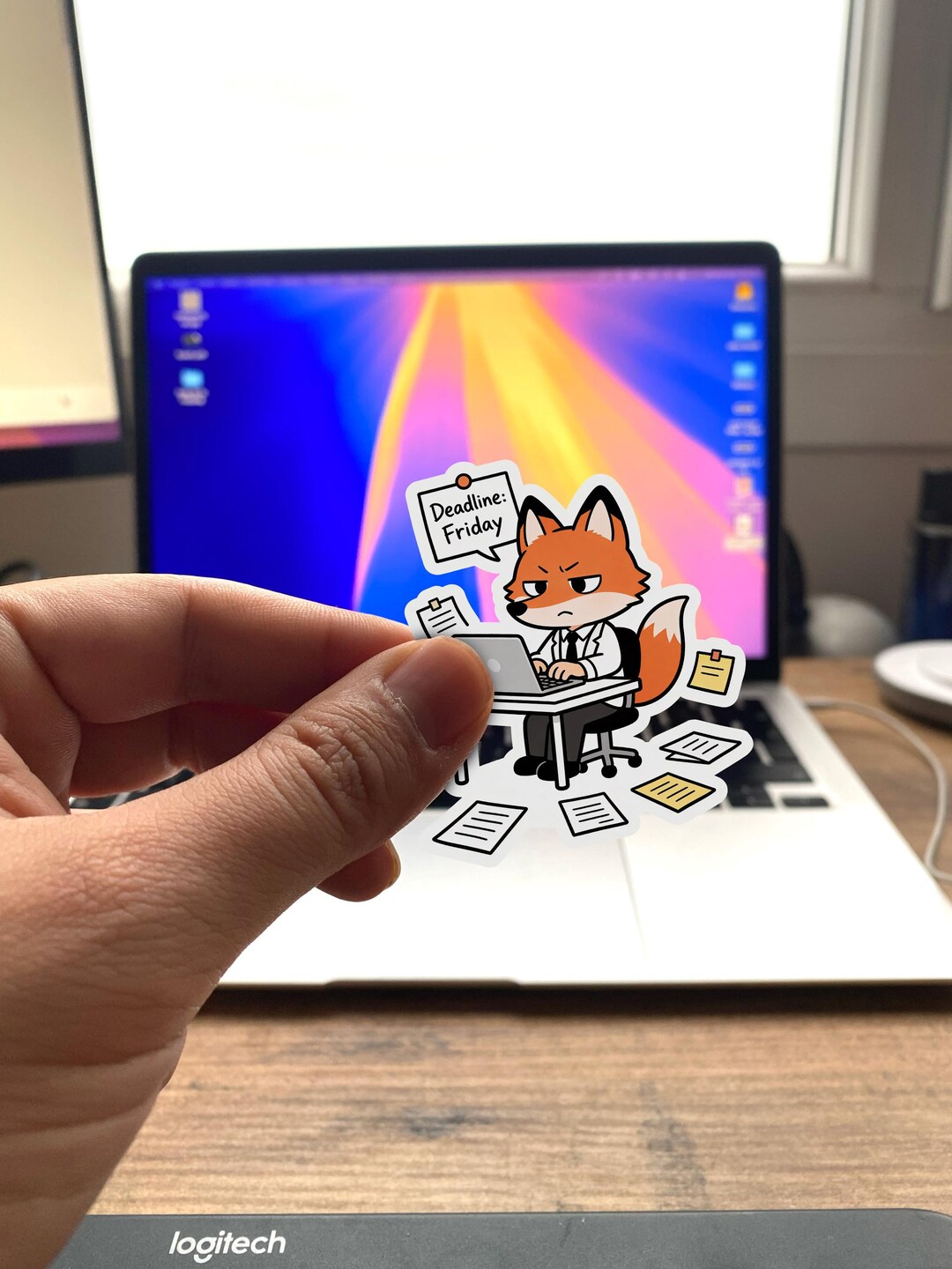 Stressed Fox Working at Desk Kiss-cut Vinyl Decal | Office Laptop ...