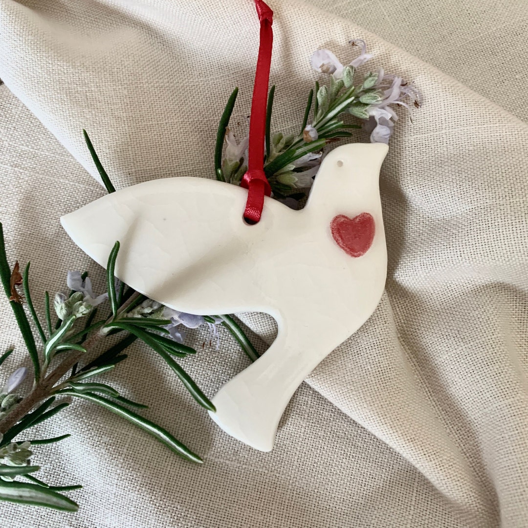 Porcelain Hanging Dove With Red Heart - Etsy