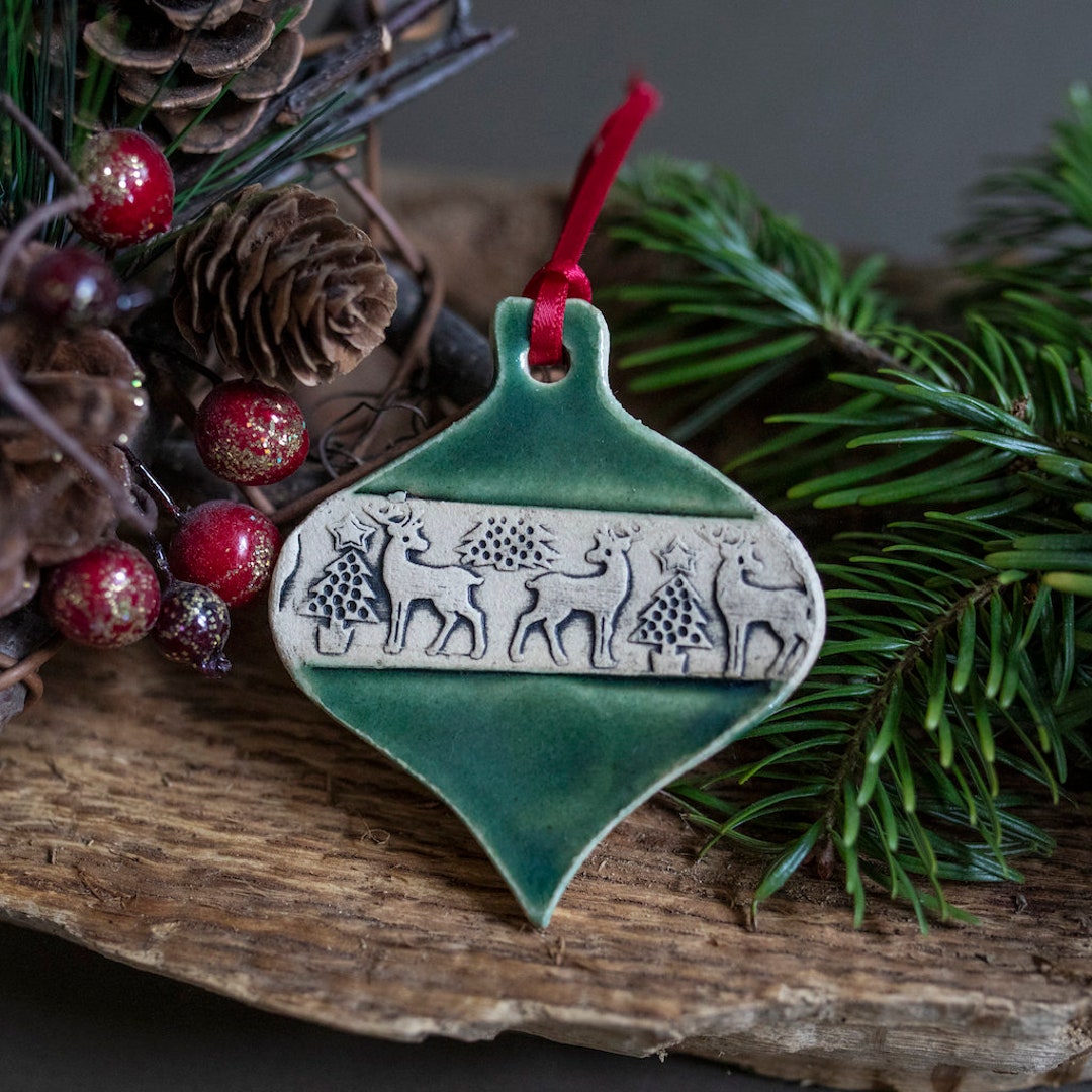 Ceramic Embossed Reindeer Bauble Hanging Christmas Decoration - Etsy