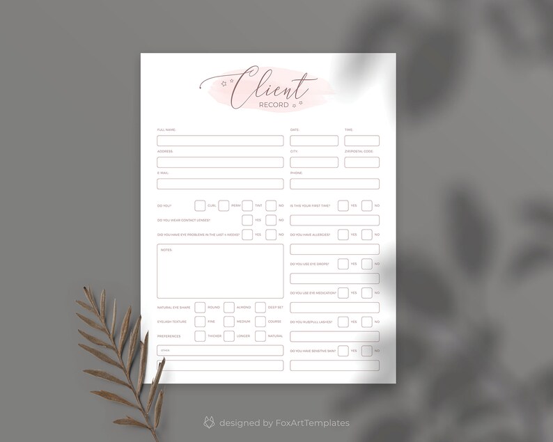 Eyelash Extension Client Card Lash Client Record Template - Etsy