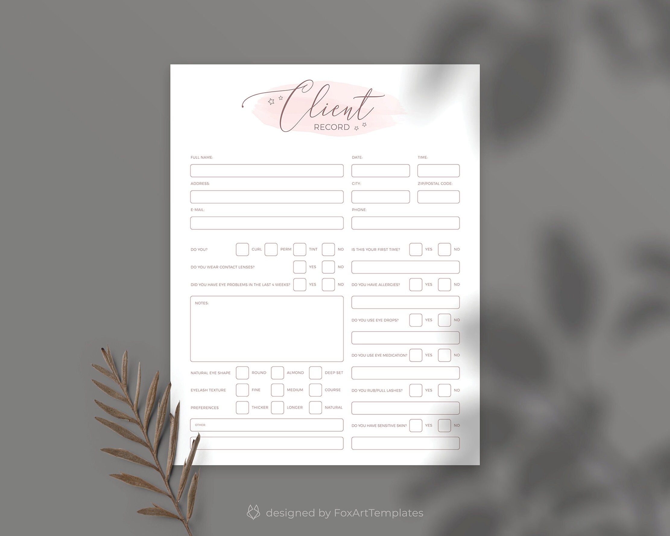 Eyelash Extension Client Card Lash Client Record Template - Etsy