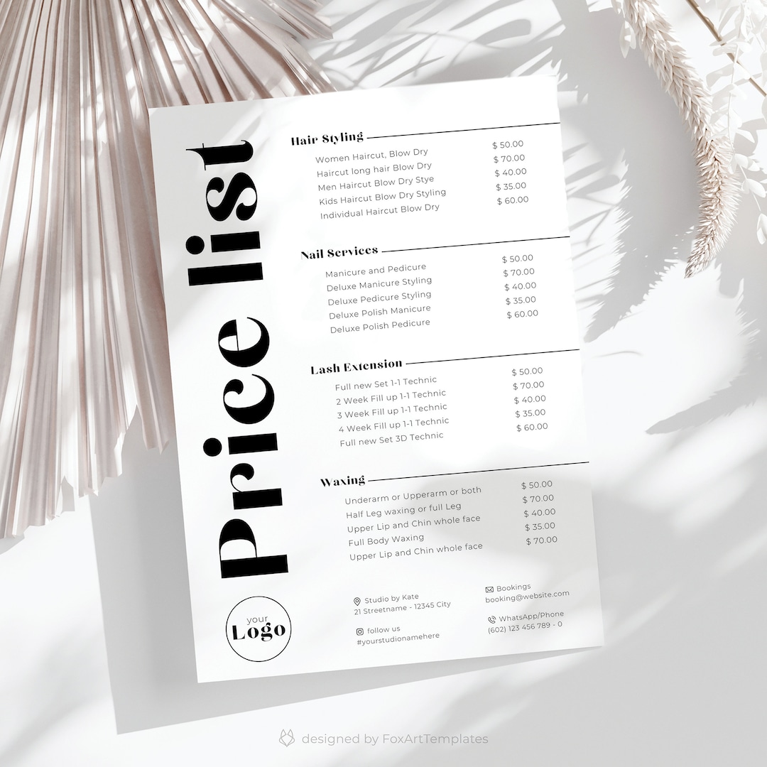 Minimalist Small Business Price List Template Pricing Sheet - Etsy
