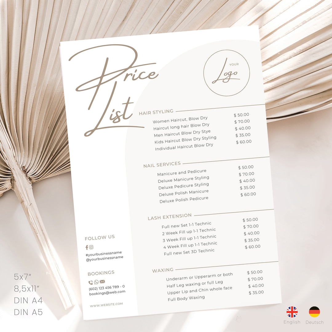 Modern Arch Price List Template, Beauty Salon Pricing Sheet - Etsy