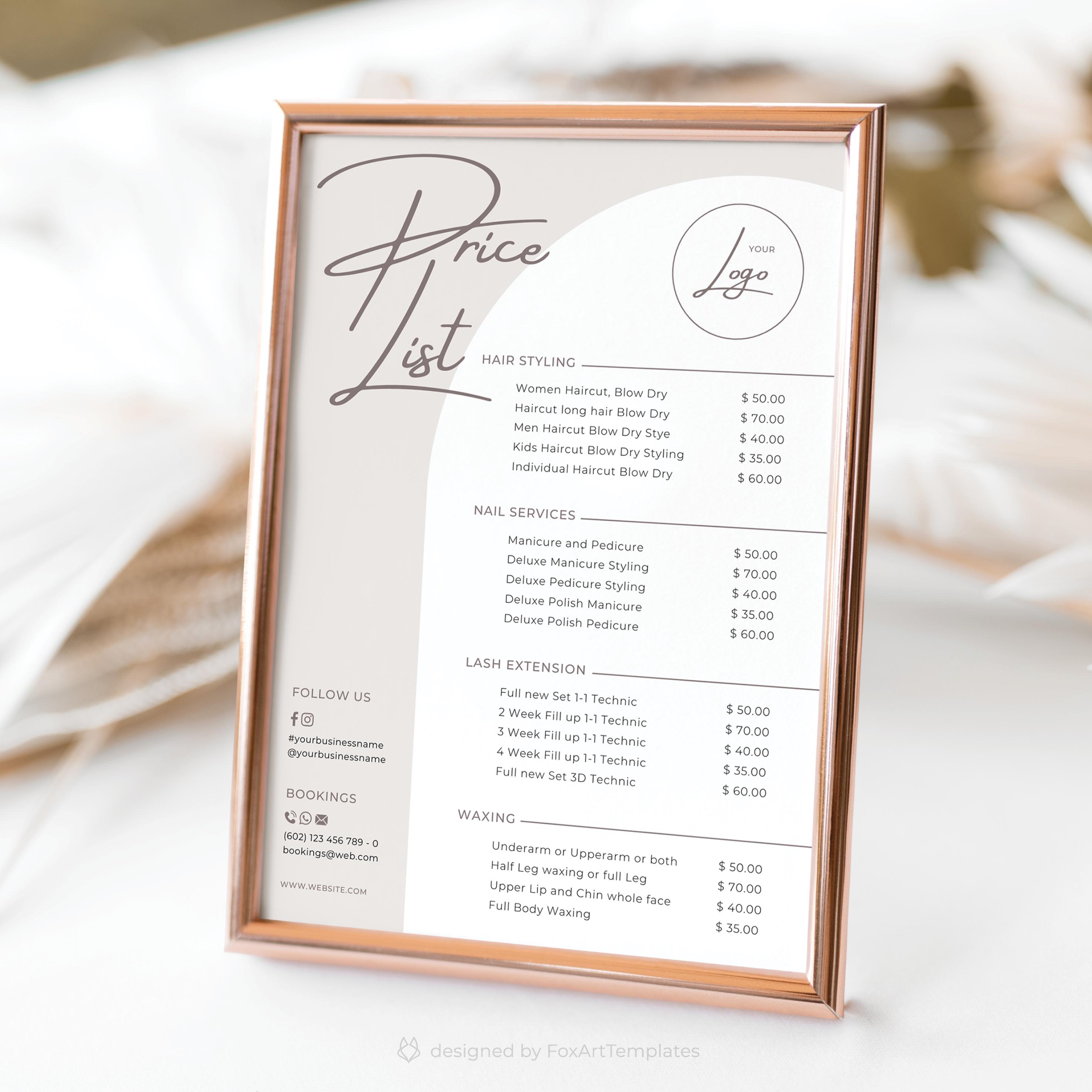 Modern Arch Price List Template, Beauty Salon Pricing Sheet - Etsy UK