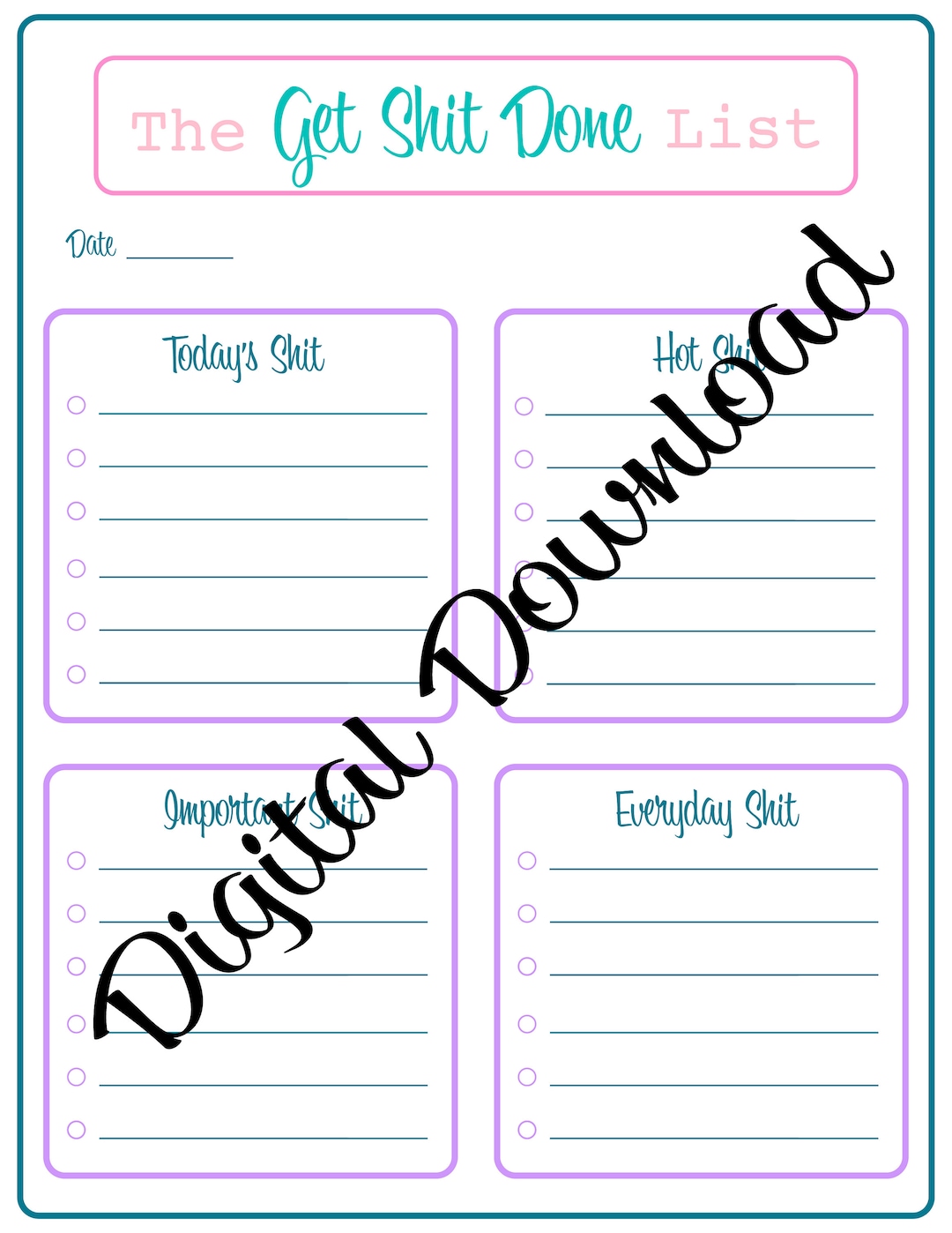 To Do List, Get Shit Done, Adult Printable Template, PDF File, Digital ...