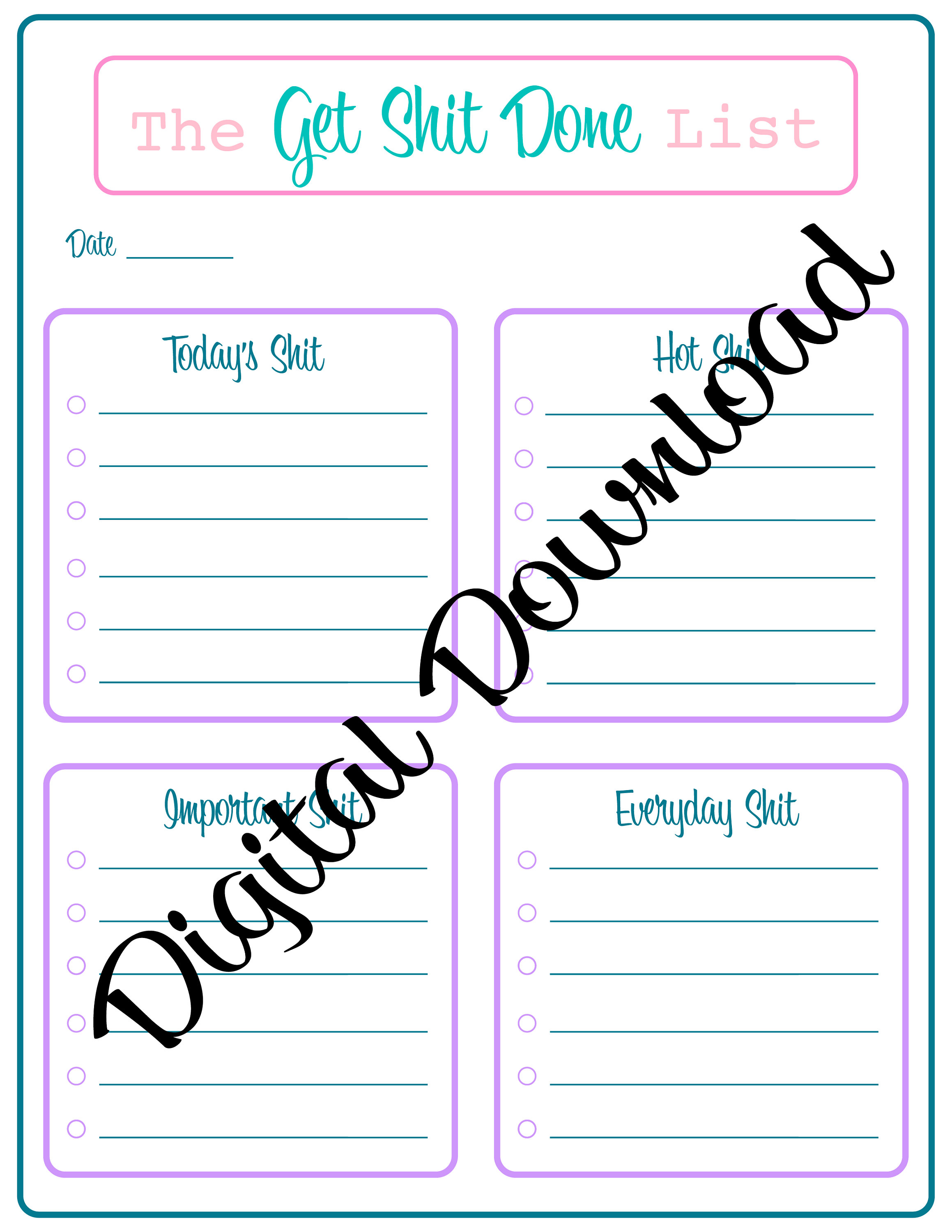 To Do List, Get Shit Done, Adult Printable Template, PDF File, Digital ...