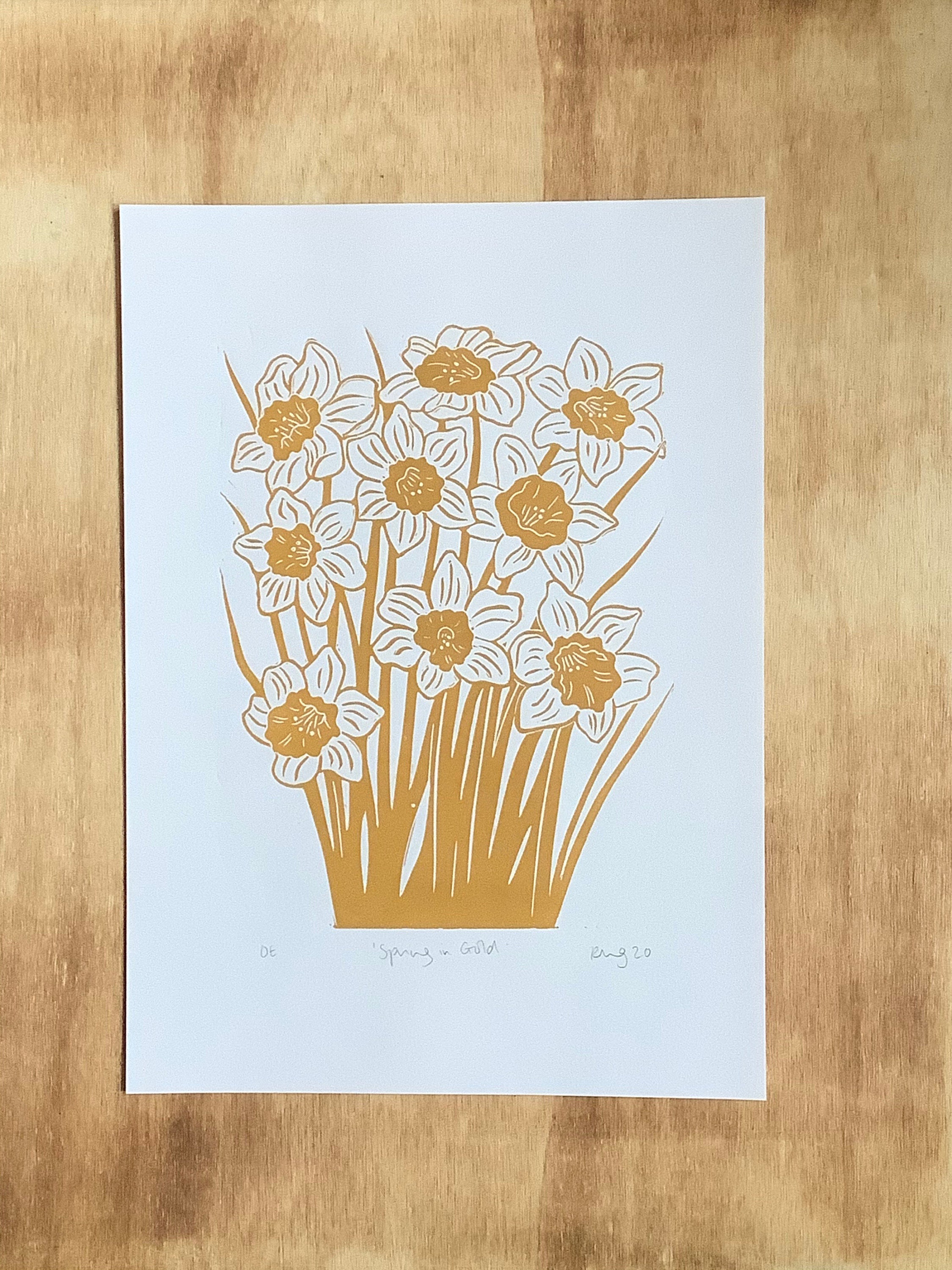 Golden Yellow Daffodil A4 Linocut Print - Etsy UK