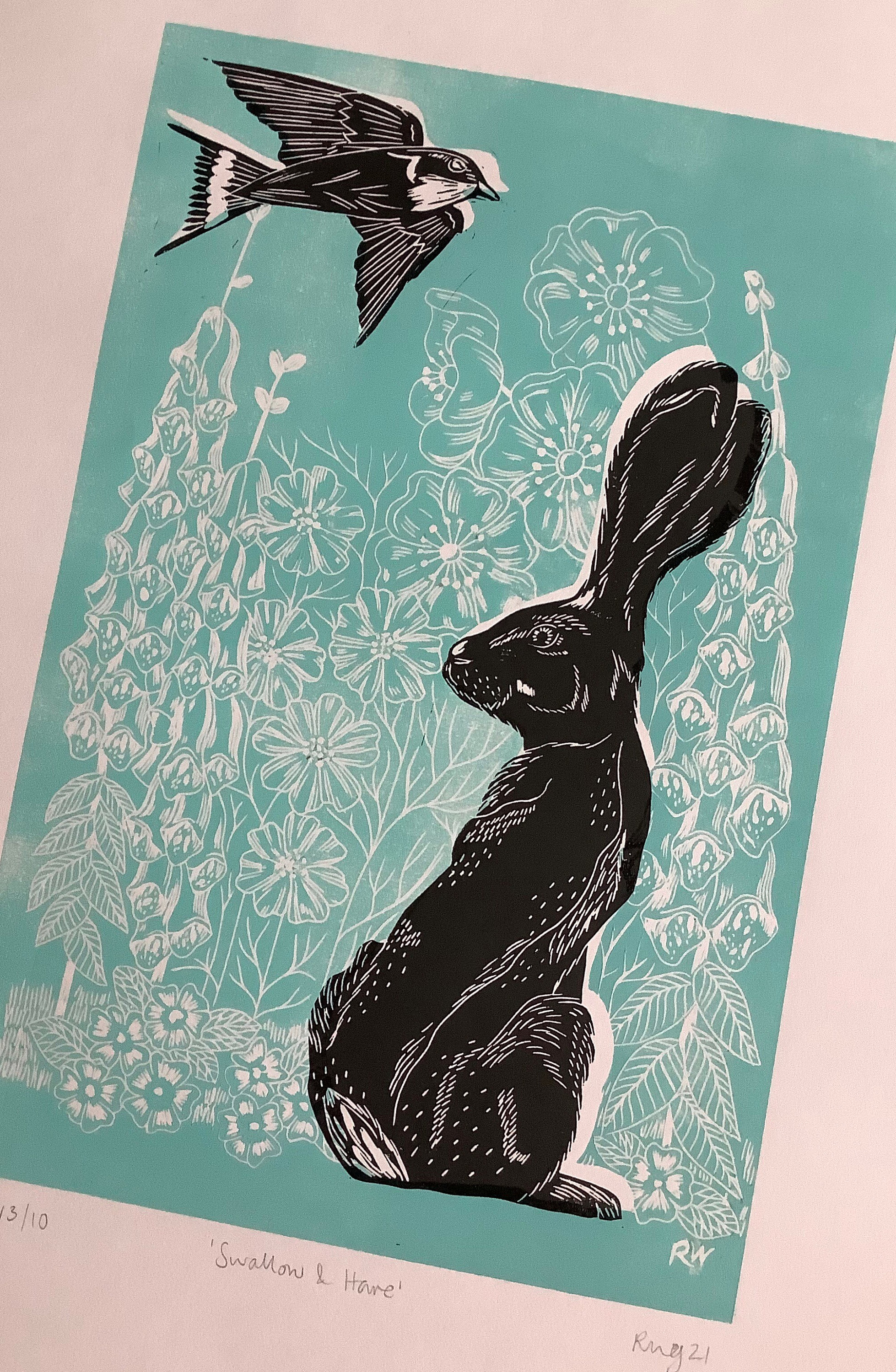 Hare & Swallow multi block Linocut Print A3 sold by Elective Honey ...