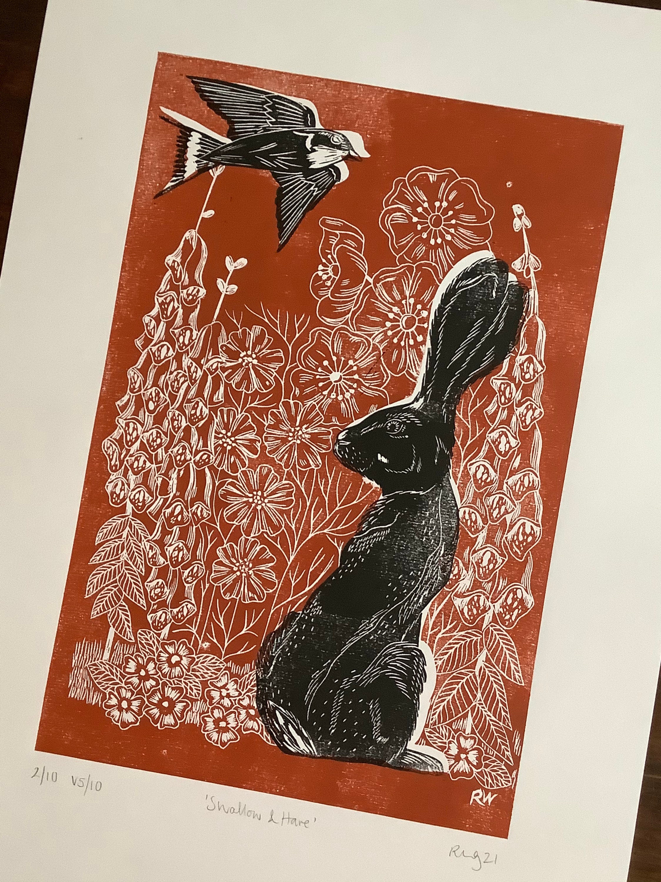 Hare & Swallow multi block Linocut Print A3 sold by Coral Bib Fortuna ...