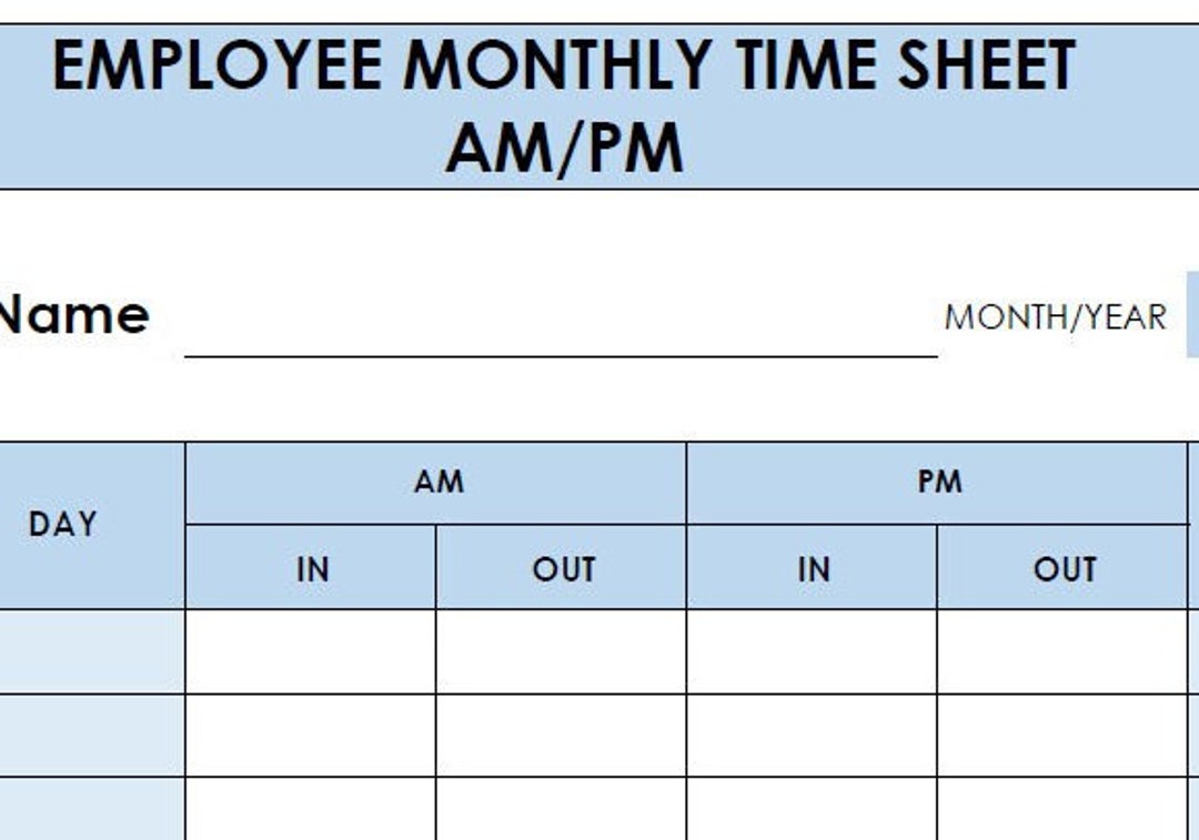 Printable PDF Monthly Timesheet In/out - AM/PM. Printable Timesheet. Time Card. Time Tracker ...