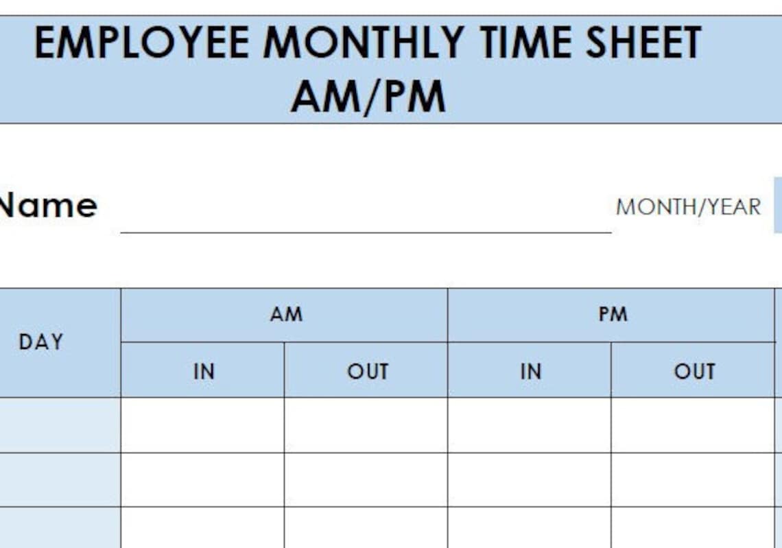 Printable PDF Monthly Timesheet In/out - AM/PM. Printable Timesheet ...