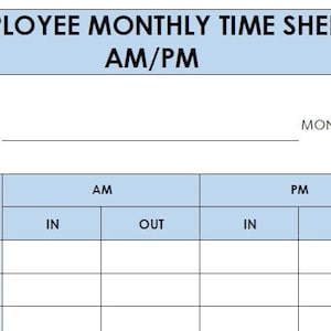 Printable PDF Monthly Timesheet In/out - AM/PM. Printable Timesheet ...