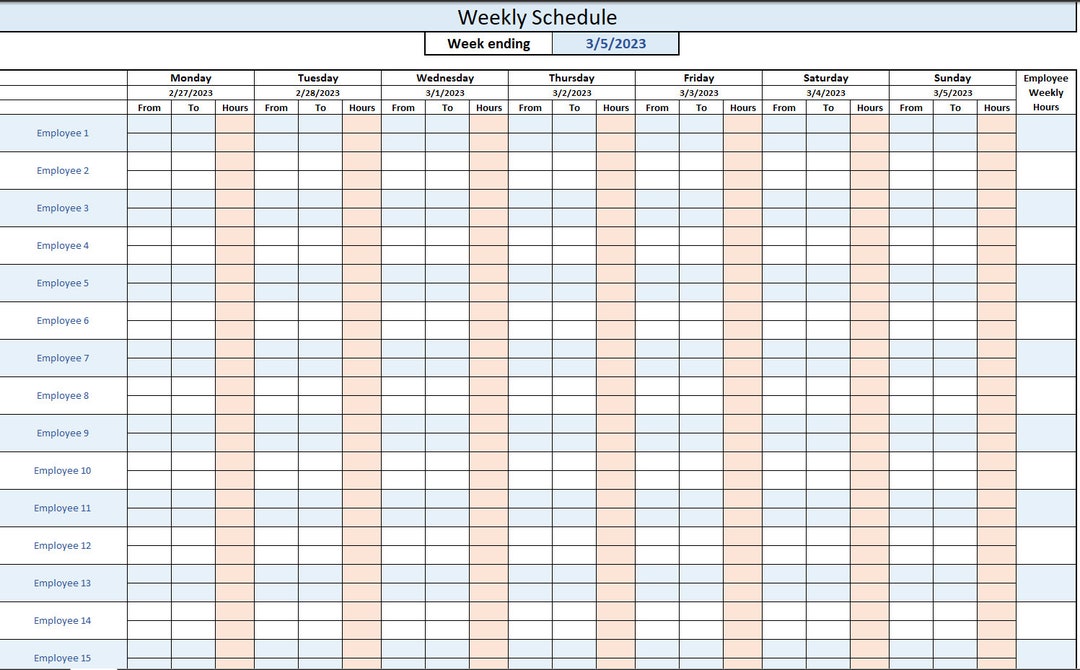 Excel File of Weekly Schedule. Editable Weekly Shifts - Etsy