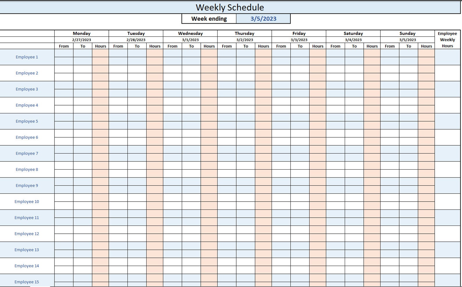 Excel File of Weekly Schedule. Editable Weekly Shifts - Etsy