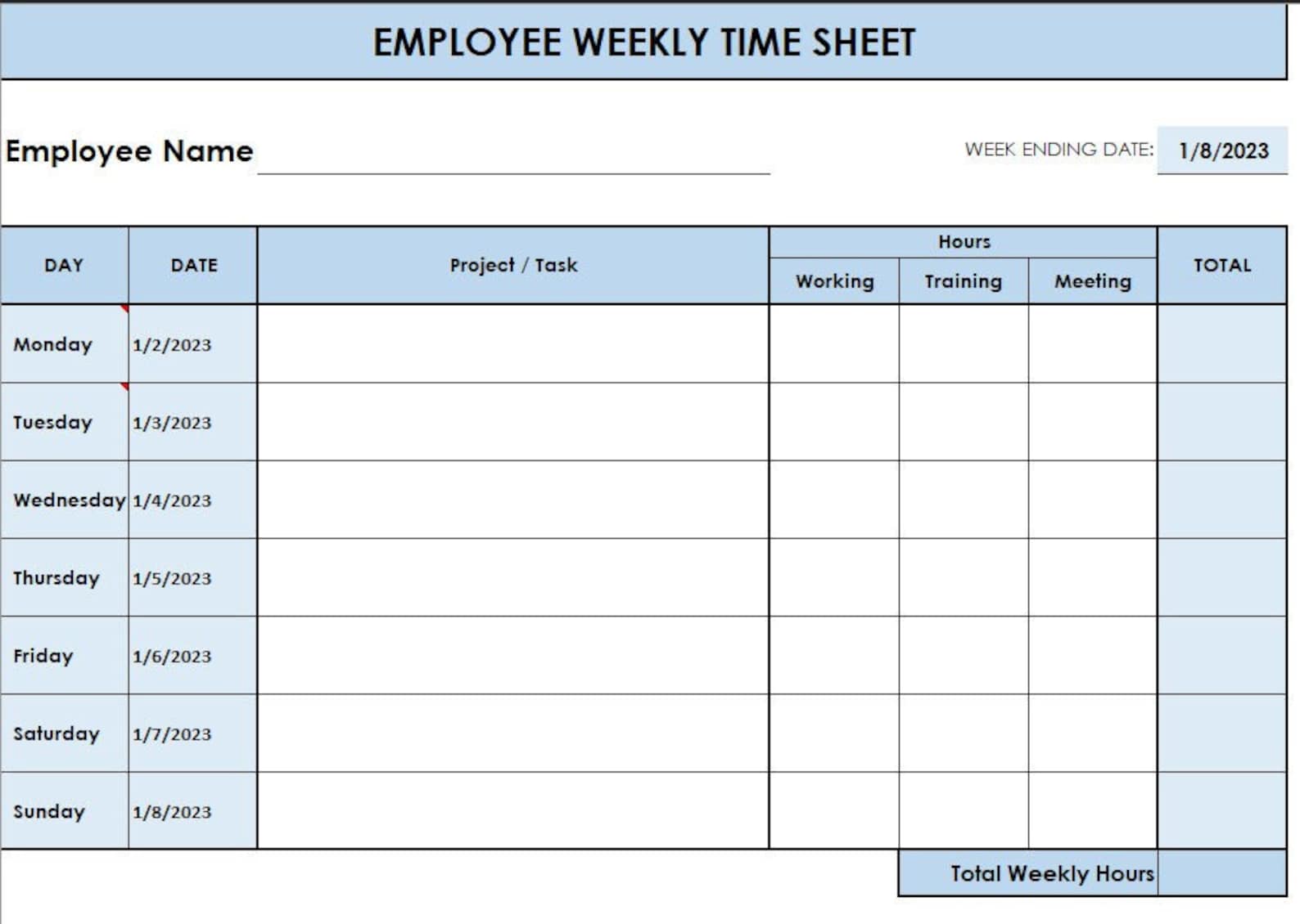 Excel File of Weekly Timesheet Projects Tasks Template. Editable ...
