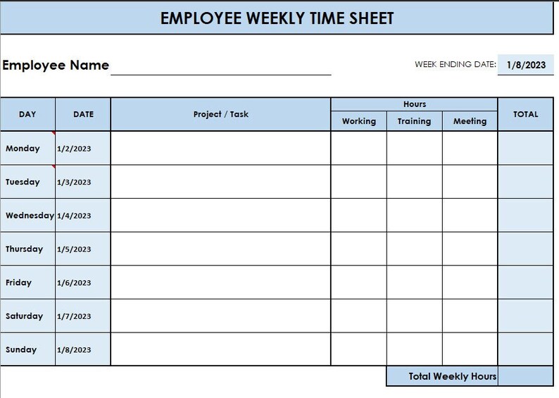 Excel File of Weekly Timesheet Projects Tasks Template. Editable ...