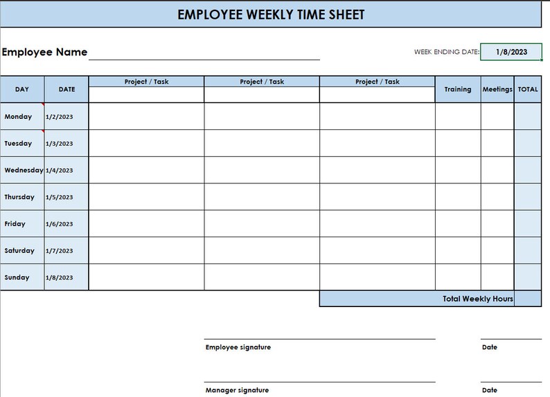 5 Weekly Employee Timesheet (IN OUT, Items, Multi Projects Tasks, Tasks ...