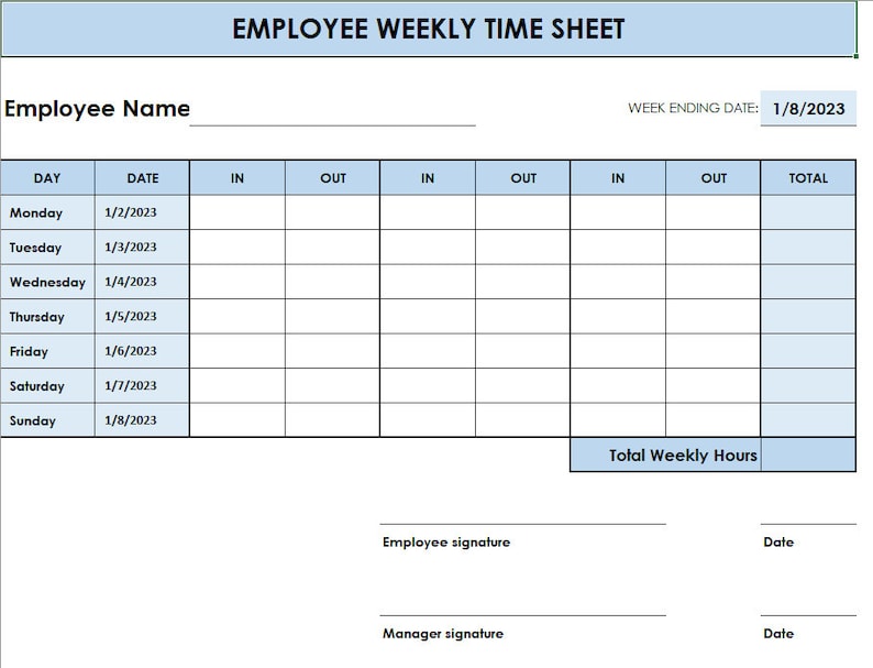 Editable Employee Weekly Timesheet: Time In/out Excel Template - Etsy