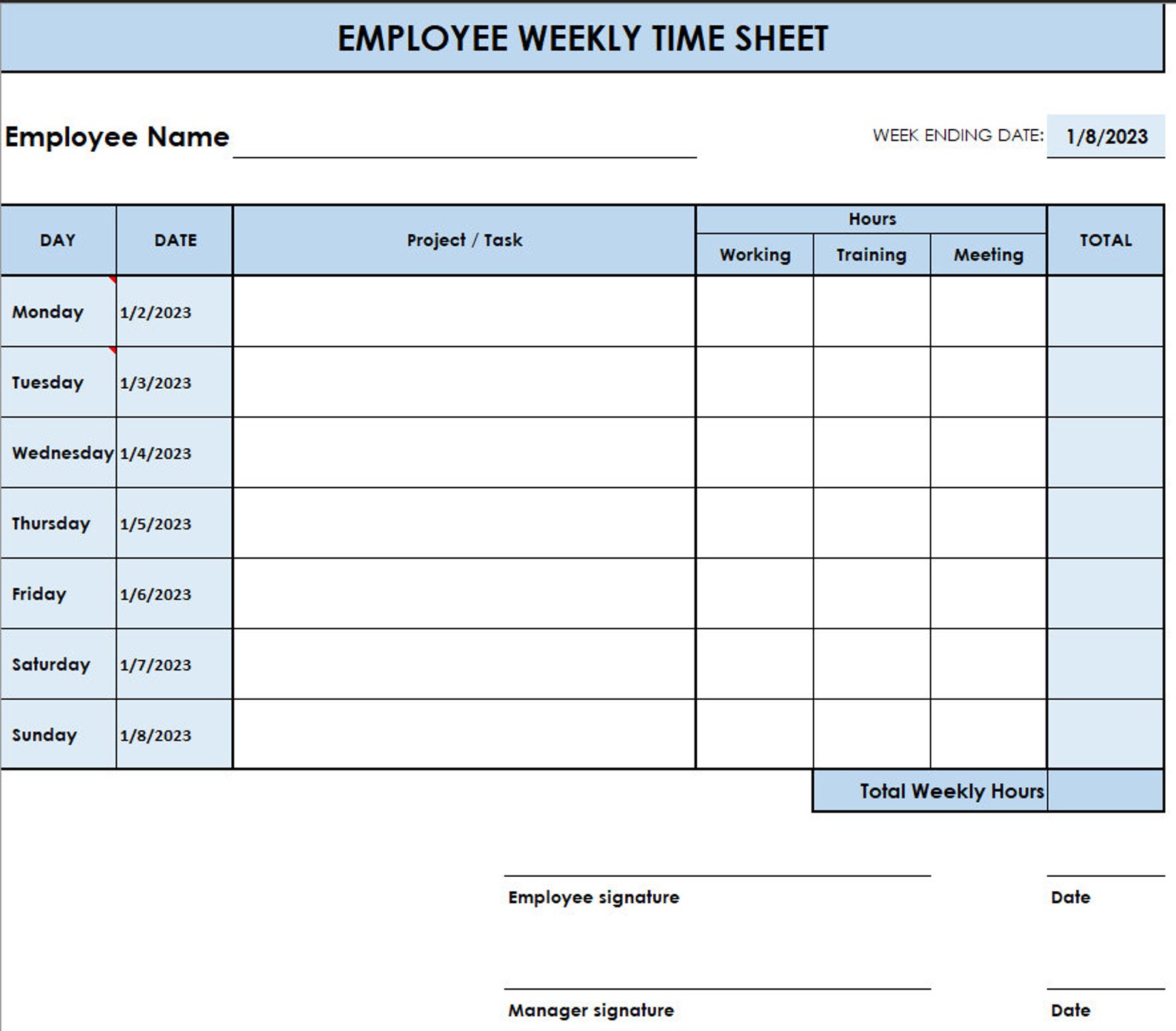Weekly Timesheet Template: Editable Excel Time Card (US Letter) - Etsy