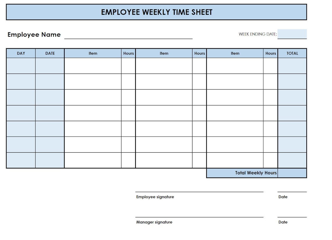 Printable PDF Weekly Timesheet Items. Printable Timesheet. Time Card ...