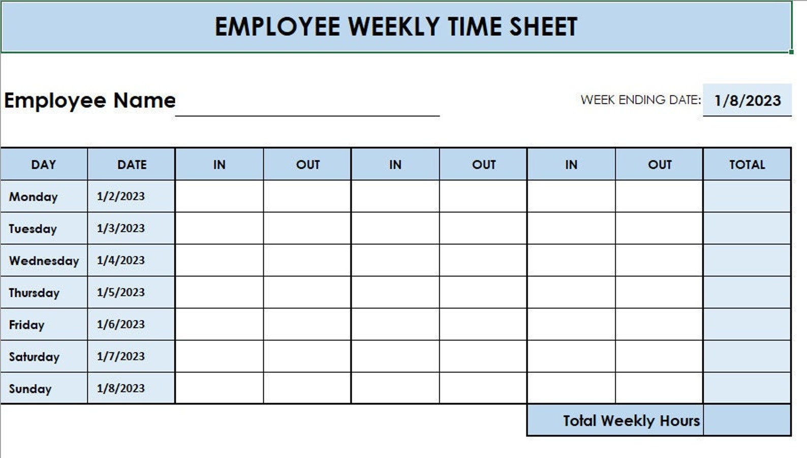 Employee Timesheet in Out. Editable Timesheet. Printable Timesheet ...