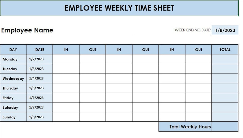 Editable Employee Weekly Timesheet: Time In/out Excel Template - Etsy
