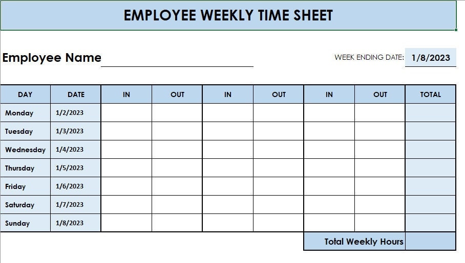 Editable Employee Weekly Timesheet: Time In/out Excel Template - Etsy