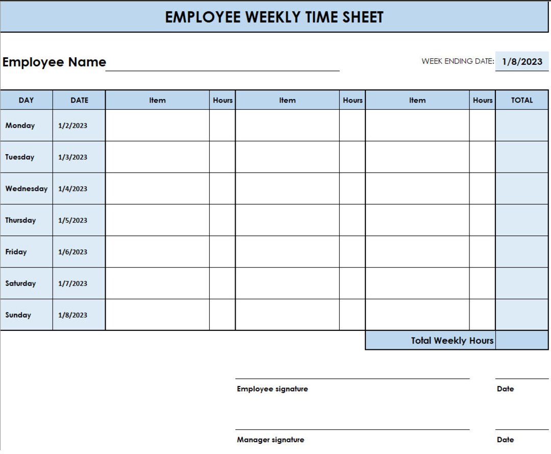 Excel File of Weekly Timesheet Items Template. Editable Timesheet ...