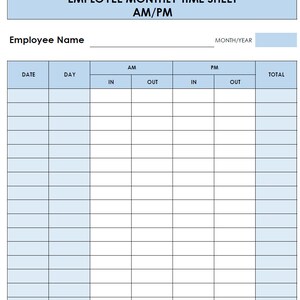 Printable PDF Monthly Timesheet In/out AM/PM. Printable Timesheet. Time ...
