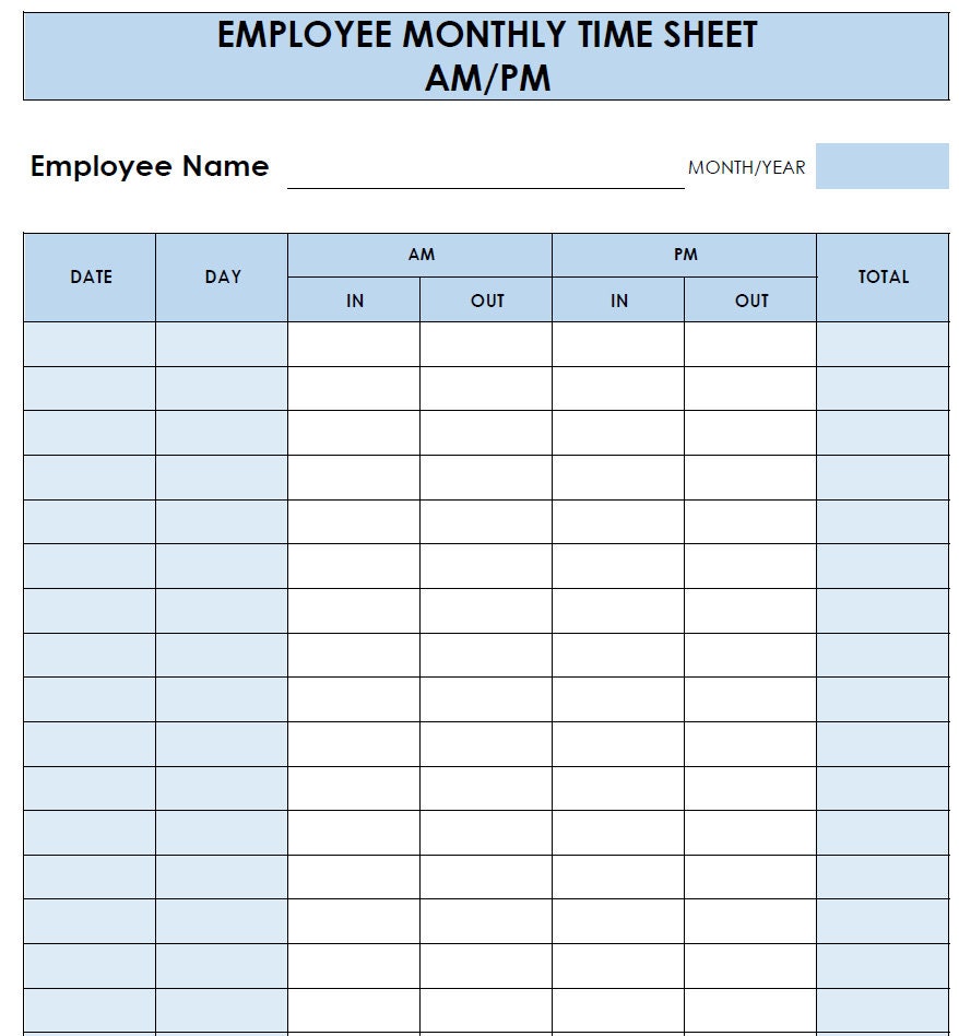 Printable PDF Monthly Timesheet In/out - AM/PM. Printable Timesheet ...