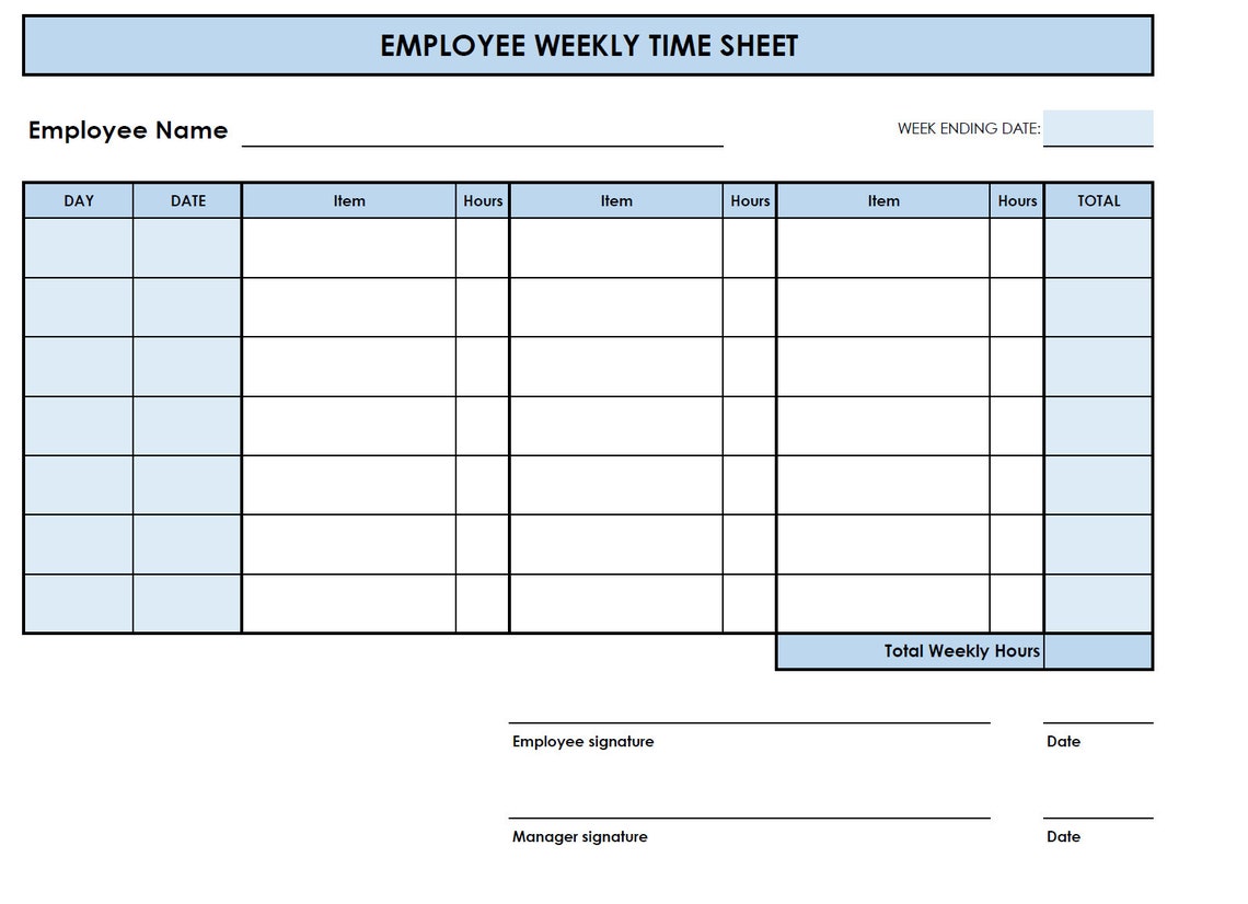 5 Printable PDF Weekly Timesheet Templates. Printable Timesheet. Time ...