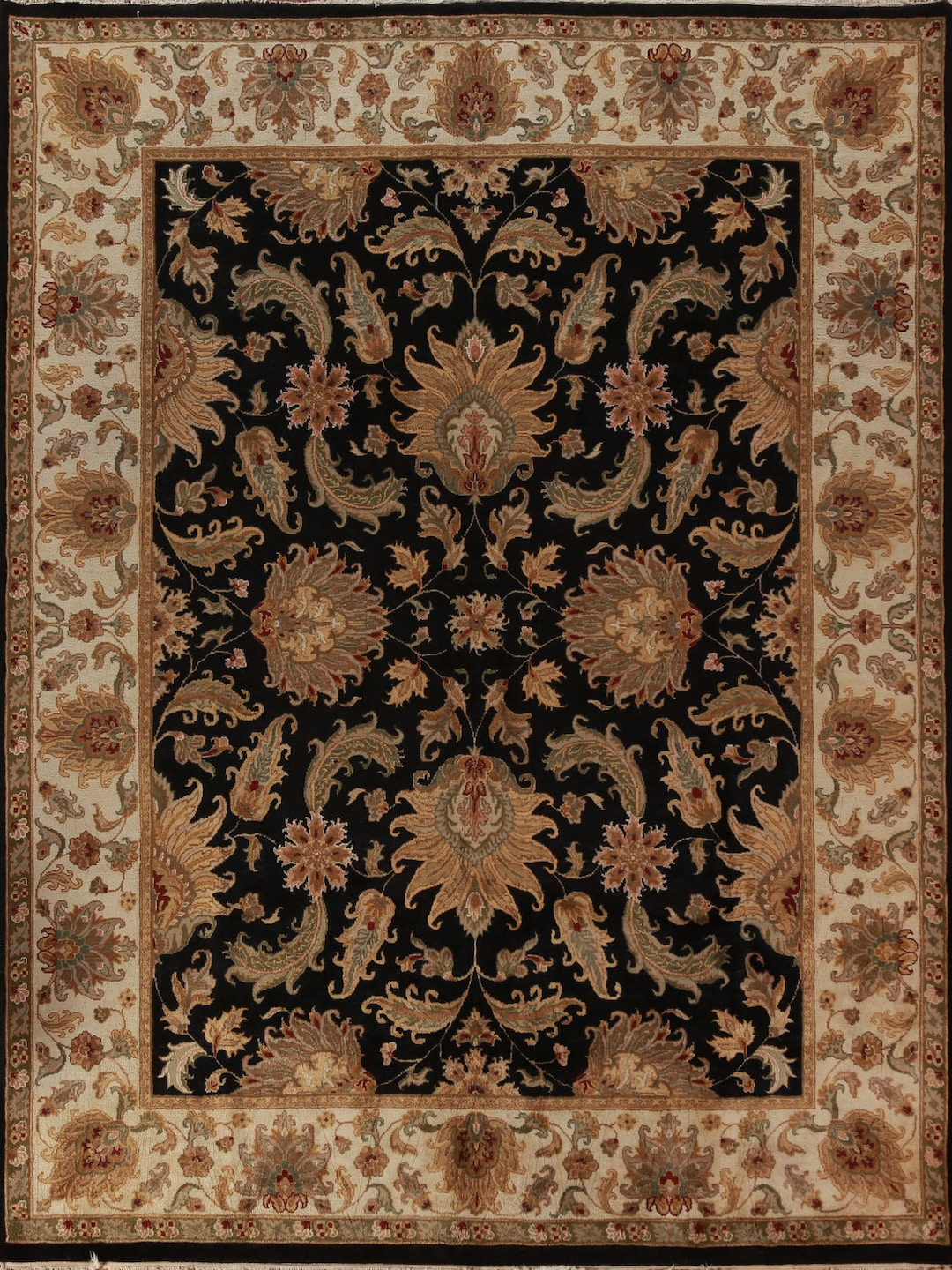 Black & Ivory Floral Agra Indian Area Rug 8x10, Hand-knotted Wool ...