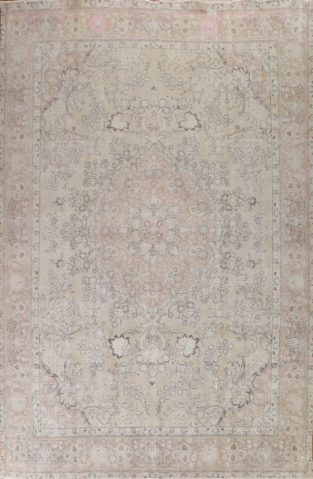 Antique Distressed Muted Area Rug 10x13, Beige & Gray Handmade Wool ...