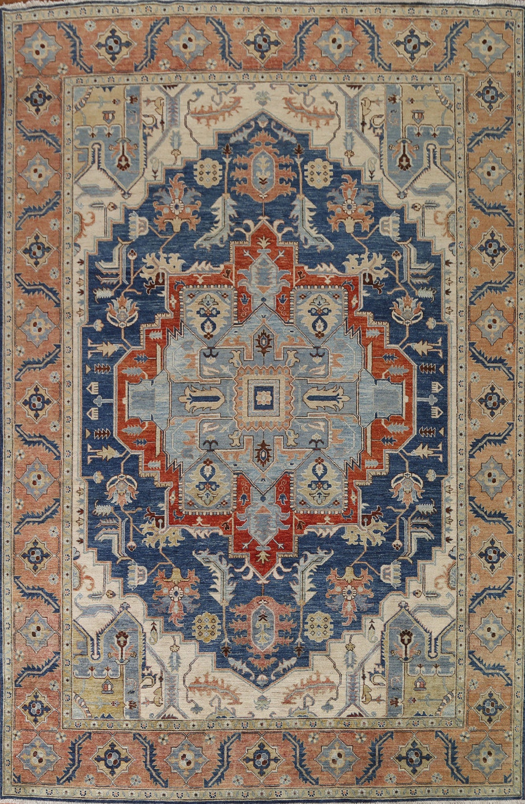 Blue Geometric Oriental Wool Rug 9x12, Handmade Vegetable Dyed Carpet ...