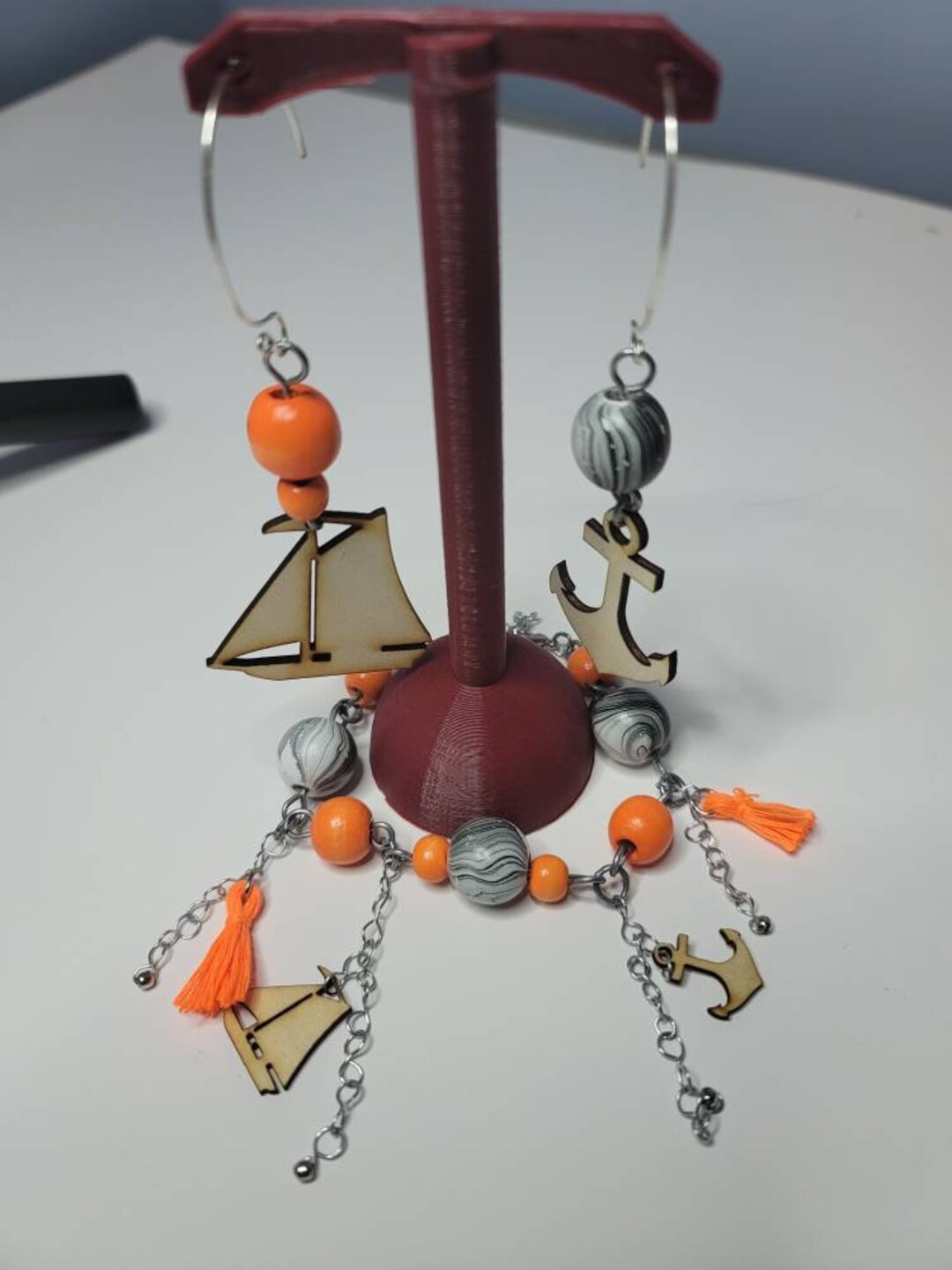 Mismatch Orange Handmade Wooden Wire Wrap Earrings and Striped Heart With Leopard Print Bracelet ...