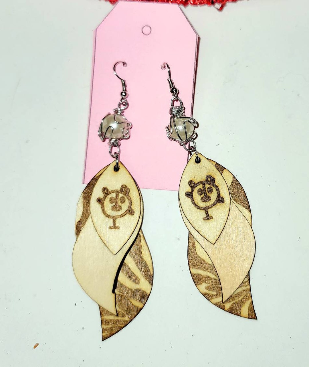 Taino Gerogriph Wooden 3 Layer Feather Shape Earrings With ...