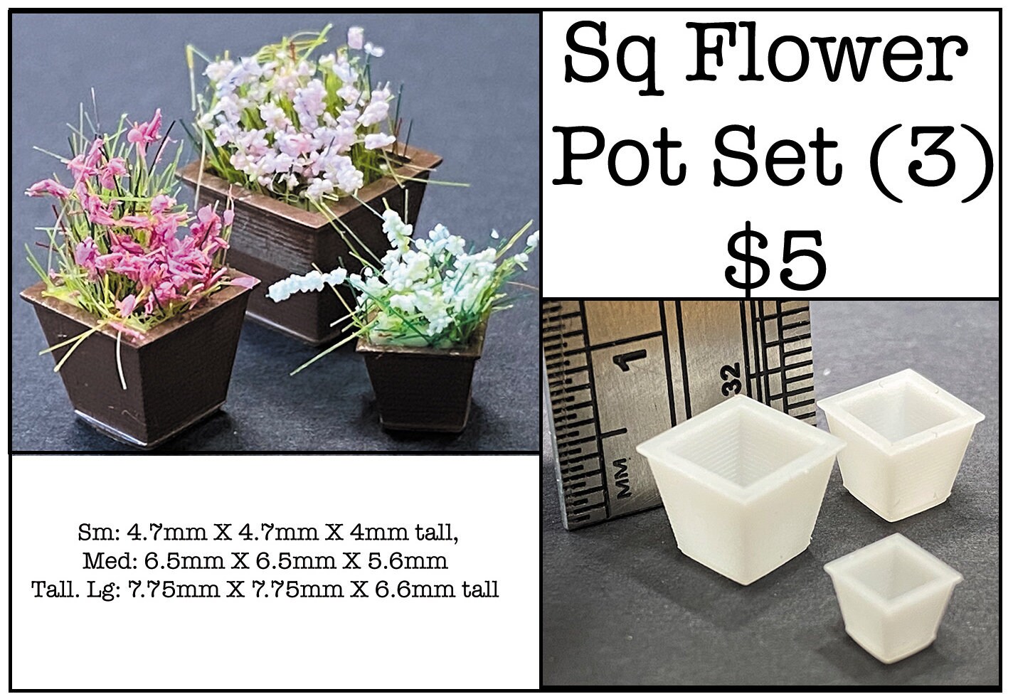 1:48 Scale Square Flower Pot Set (3) Kit * Dollhouse Miniature * O ...